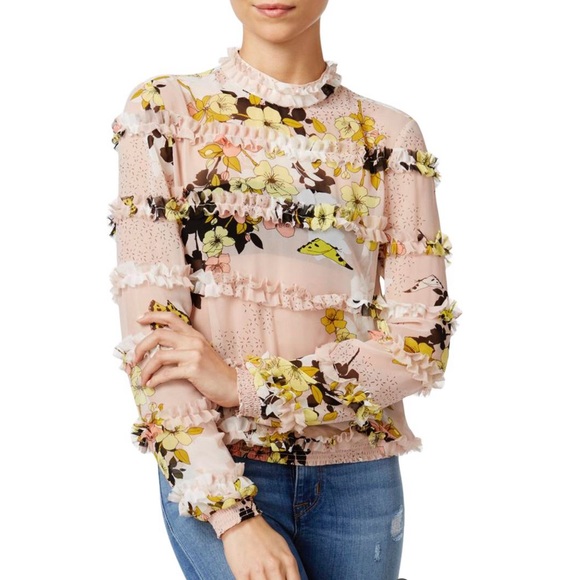 Guess | Tops | New Guess Alexa Sheer Ruffle Floral Print Ls Top Xs ...